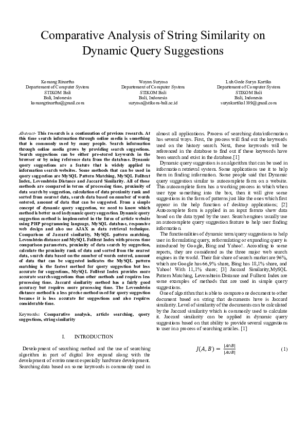 Pdf Comparative Analysis Of String Similarity On Dynamic Query