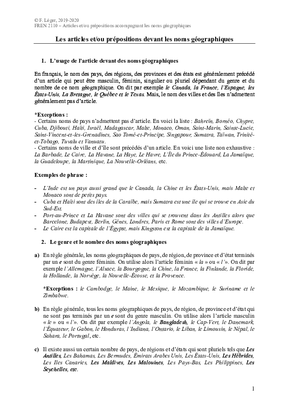 (PDF) Les articles et/ou prépositions devant les noms géographiques