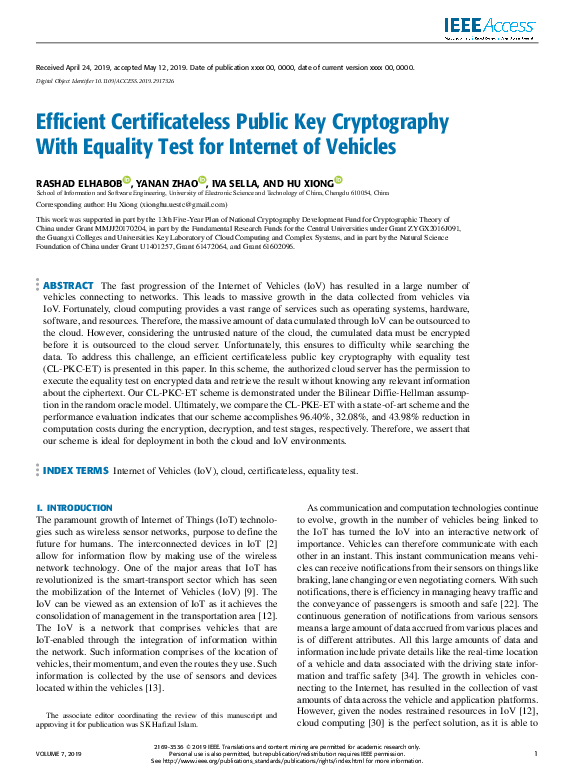 Pdf Efficient Certificateless Public Key Cryptography With Equality Test For Internet Of Vehicles