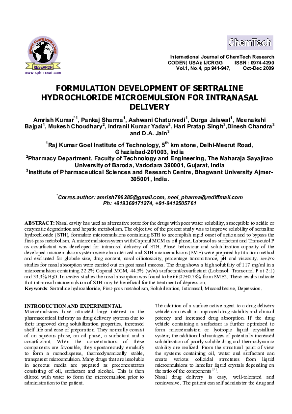 Pdf Formulation Development Of Sertraline Hydrochloride Microemulsion For Intranasal Delivery