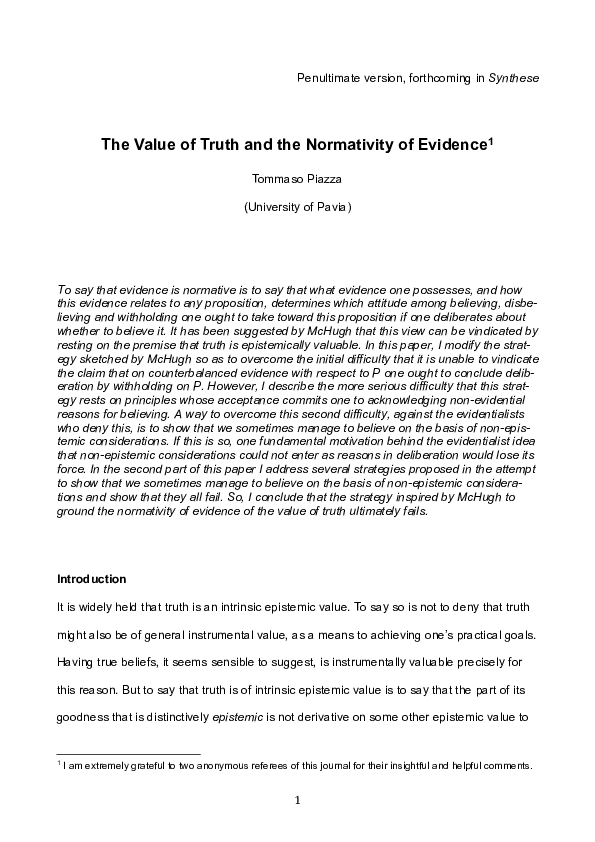 (PDF) The Value of Truth and the Normativity of Evidence