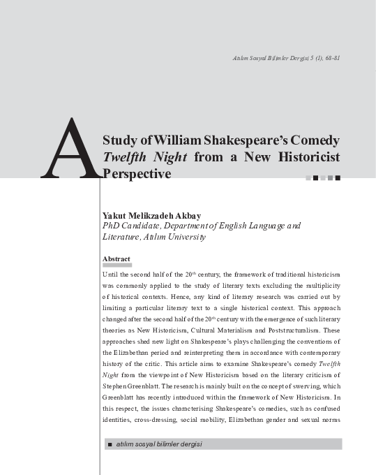 (PDF) A Study of William Shakespeare's Comedy Twelfth Night from a New ...