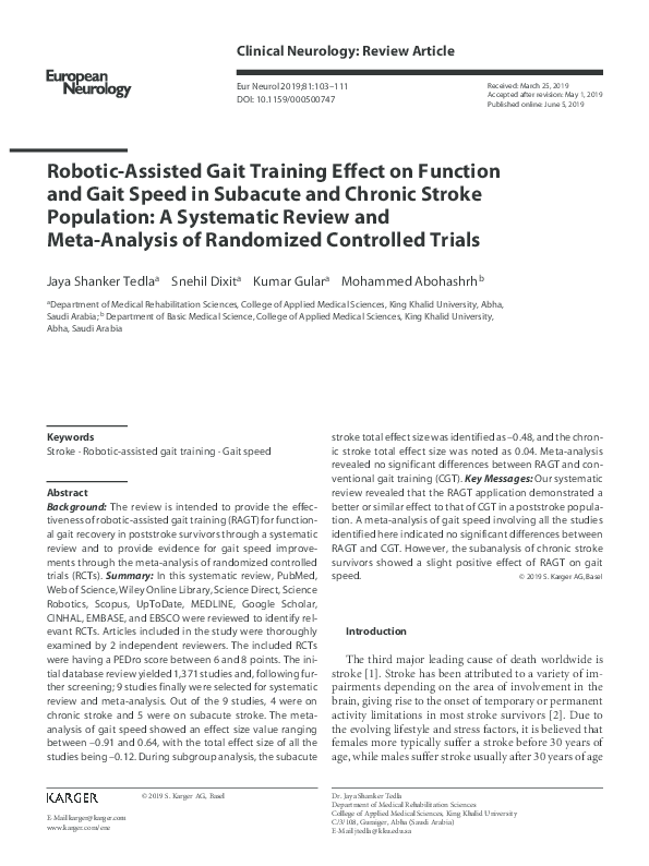 (PDF) Robotic-Assisted Gait Training Effect on Function and Gait Speed in Subacute and Chronic ...