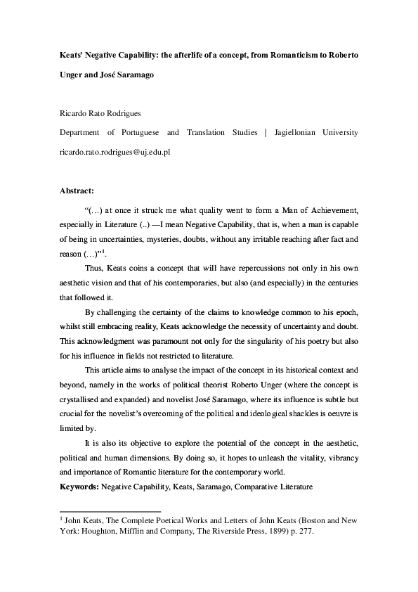 (DOC) Keats’ Negative Capability - the afterlife of a concept, from ...