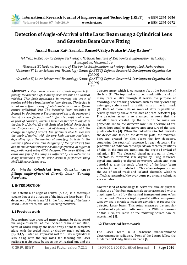 Pdf Irjet Detection Of Angle Of Arrival Of The Laser Beam Using A