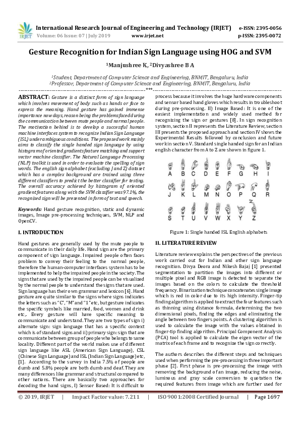 Pdf Irjet Gesture Recognition For Indian Sign Language Using Hog And