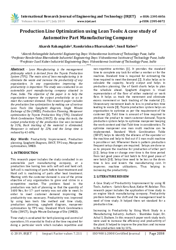 (PDF) IRJET- Production Line Optimization using Lean Tools: A case study of Automotive Part ...