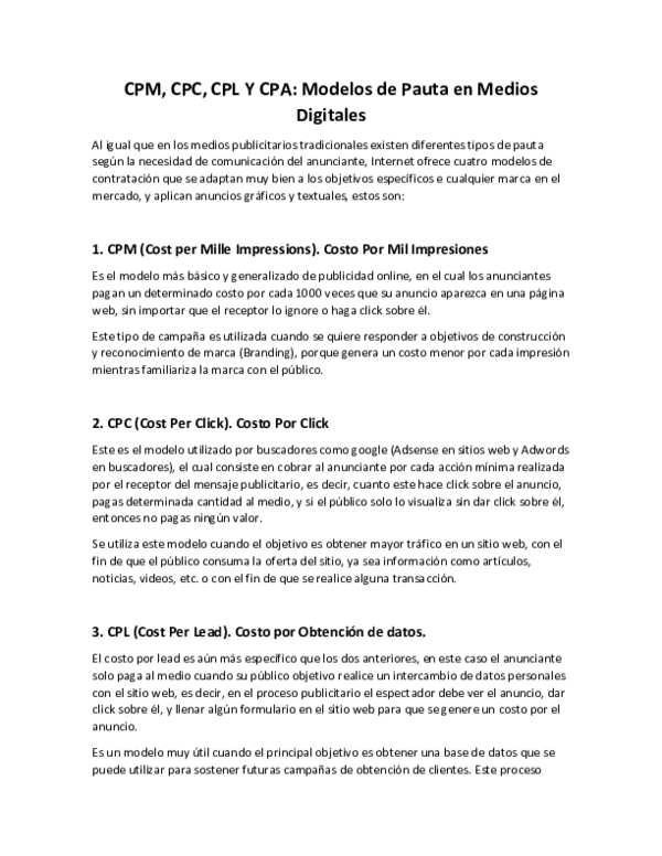 (DOC) CPM, CPC, CPL Y CPA: Modelos de Pauta en Medios Digitales
