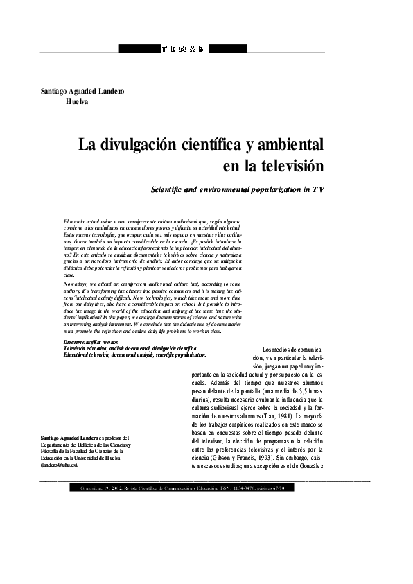 (PDF) La divulgaci n cient fica y ambiental en la televisi n