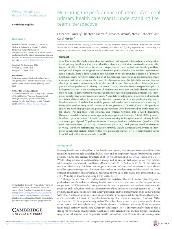 (PDF) Measuring the performance of interprofessional primary health ...