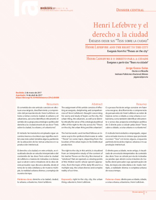 (PDF) Henri Lefebvre y el derecho a la ciudad. Exégesis desde sus ...