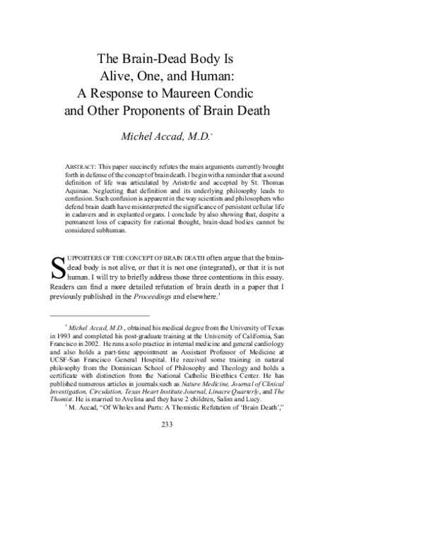 (PDF) The Brain-Dead Body Is Alive, One, and Human: A Response to ...