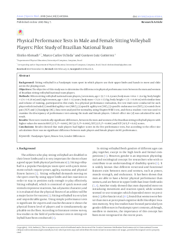(PDF) Physical Performance Tests in Male and Female Sitting Volleyball ...