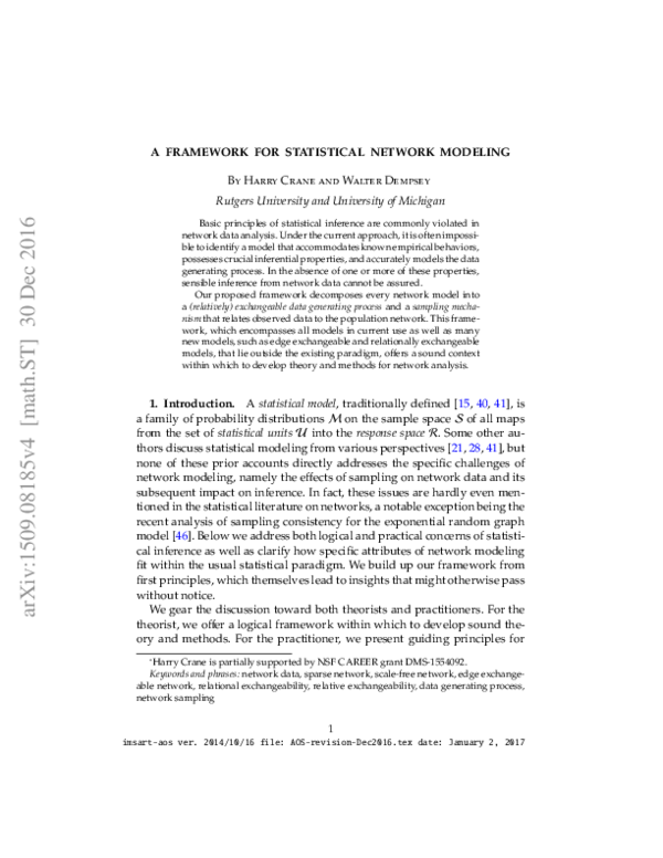 Pdf A Framework For Statistical Network Modeling
