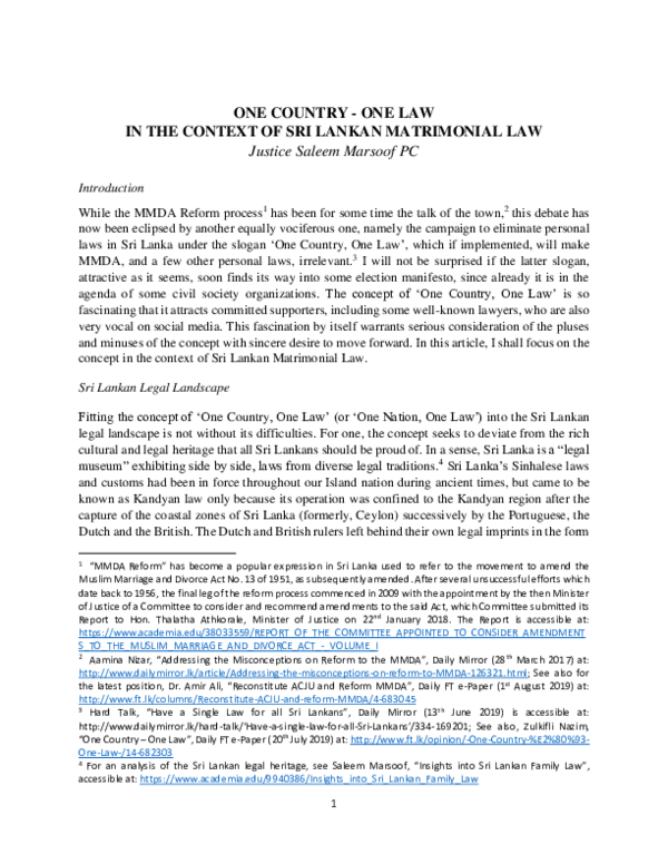 (PDF) "One Country - One Law" in the Context of Sri Lankan Matrimonial Law