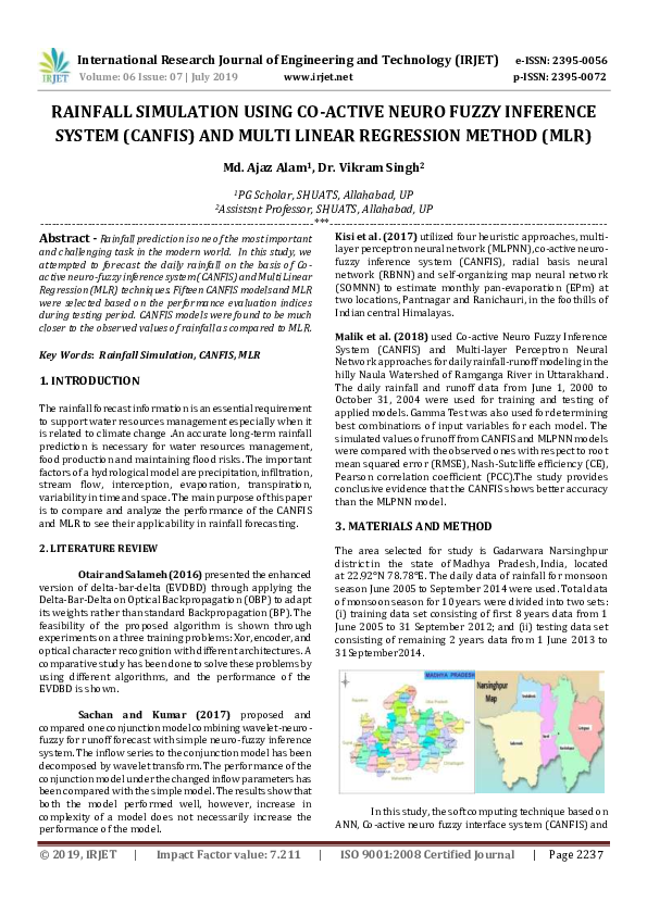 (PDF) IRJET- RAINFALL SIMULATION USING CO-ACTIVE NEURO FUZZY INFERENCE SYSTEM (CANFIS) AND MULTI ...