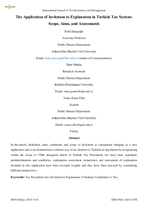 (PDF) The Application of Invitation to Explanation in Turkish Tax ...