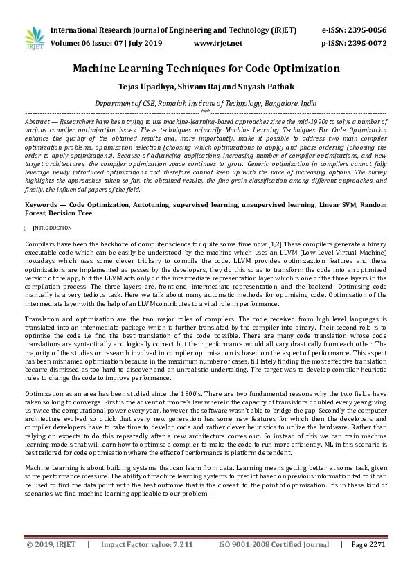 (PDF) IRJET- Machine Learning Techniques for Code Optimization