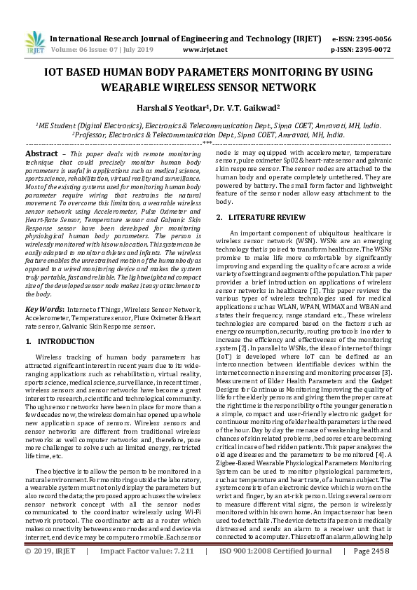 Pdf Irjet Iot Based Human Body Parameters Monitoring By Using