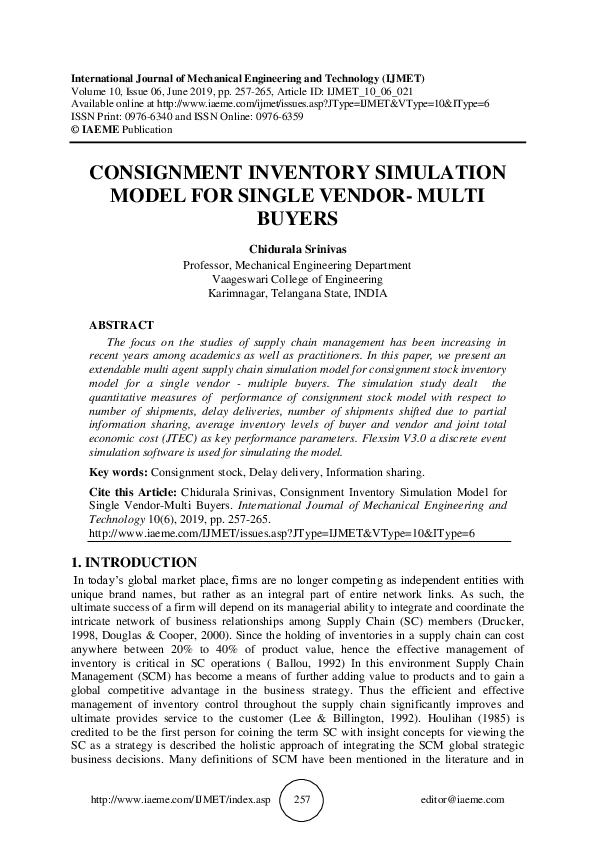 (PDF) CONSIGNMENT INVENTORY SIMULATION MODEL FOR SINGLE VENDOR- MULTI ...