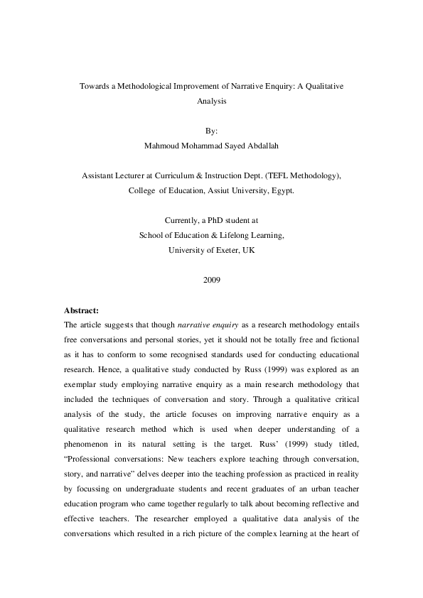 (PDF) Towards a Methodological Improvement of Narrative Enquiry: A ...