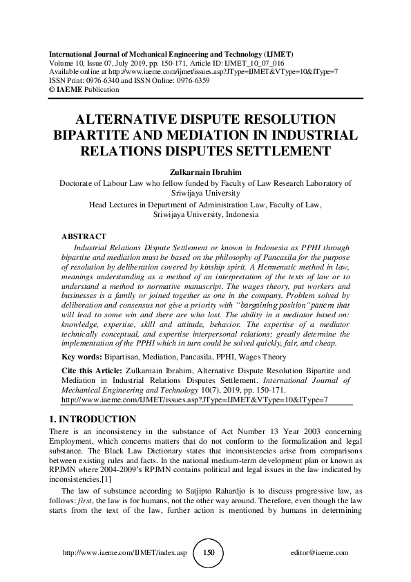 (PDF) ALTERNATIVE DISPUTE RESOLUTION BIPARTITE AND MEDIATION IN ...