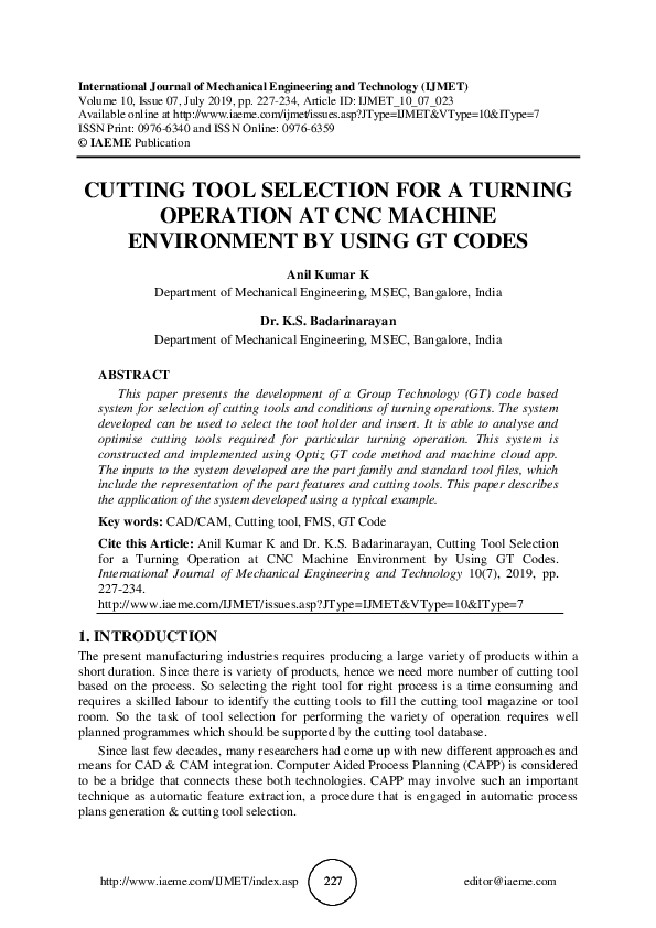 Pdf Cutting Tool Selection For A Turning Operation At Cnc Machine Environment By Using Gt Codes