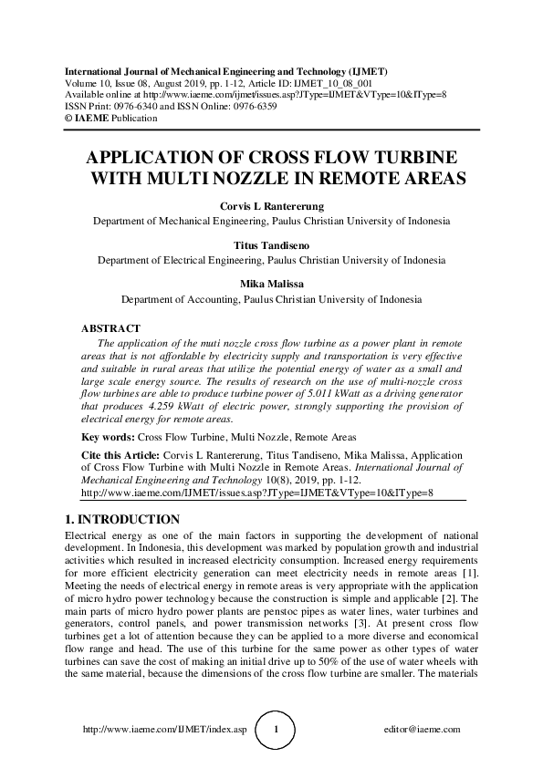 Pdf Application Of Cross Flow Turbine With Multi Nozzle In Remote Areas