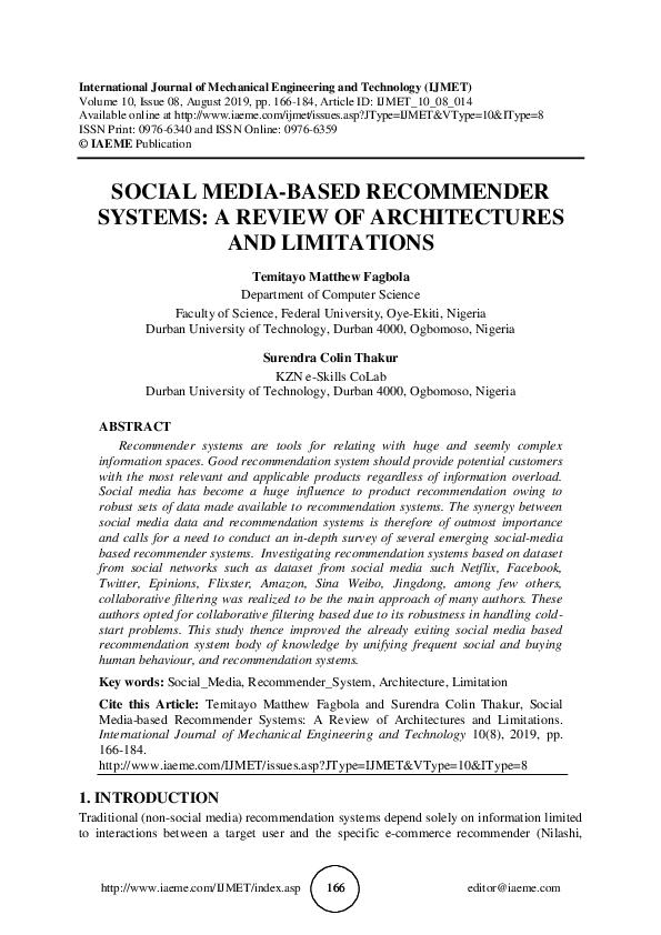 (PDF) SOCIAL MEDIA-BASED RECOMMENDER SYSTEMS: A REVIEW OF ARCHITECTURES AND LIMITATIONS