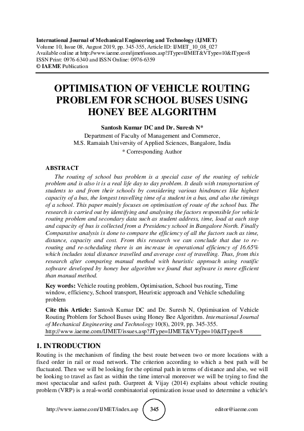 (PDF) OPTIMISATION OF VEHICLE ROUTING PROBLEM FOR SCHOOL BUSES USING HONEY BEE ALGORITHM