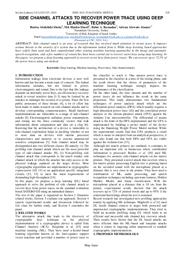 (PDF) SIDE CHANNEL ATTACKS TO RECOVER POWER TRACE USING DEEP LEARNING TECHNIQUE