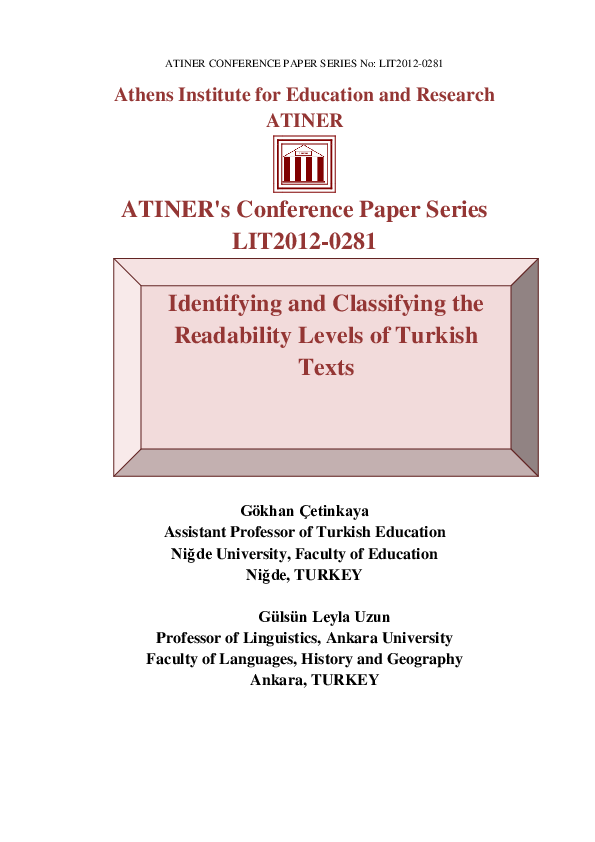 Pdf Identifying And Classifying The Readability Levels Of Turkish Texts