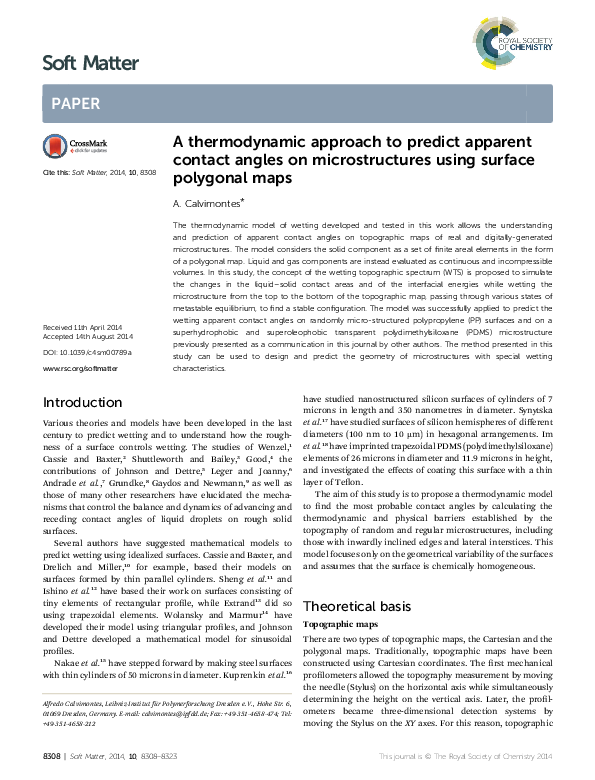 (PDF) A thermodynamic approach to predict apparent contact angles on microstructures using ...