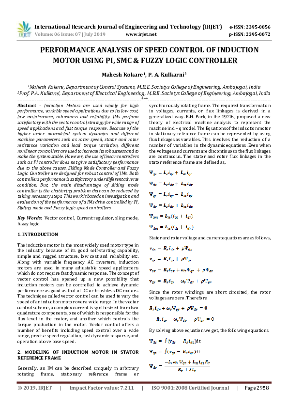 Pdf Irjet Performance Analysis Of Speed Control Of Induction Motor Using Pi Smc And Fuzzy