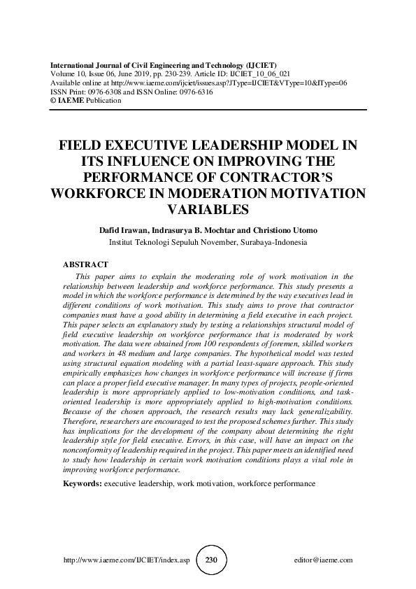 (PDF) FIELD EXECUTIVE LEADERSHIP MODEL IN ITS INFLUENCE ON IMPROVING ...