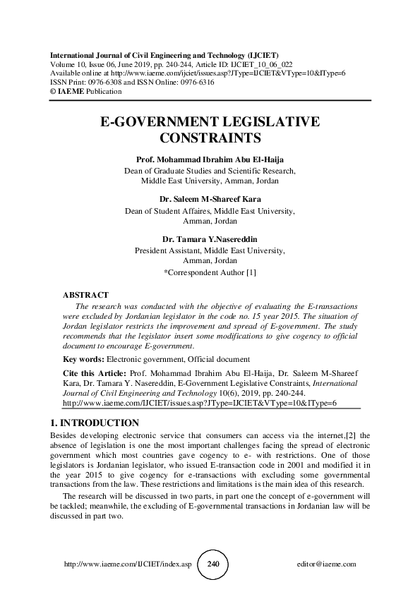 (PDF) E-GOVERNMENT LEGISLATIVE CONSTRAINTS