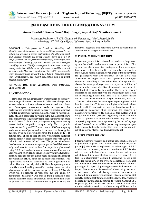 IRJET- RFID BASED BUS TICKET GENERATION SYSTEM