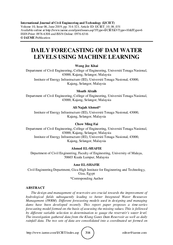 (PDF) DAILY FORECASTING OF DAM WATER LEVELS USING MACHINE LEARNING