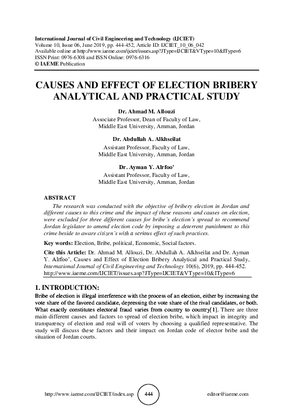 (PDF) CAUSES AND EFFECT OF ELECTION BRIBERY ANALYTICAL AND PRACTICAL STUDY