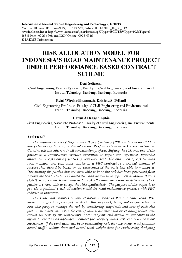 (PDF) RISK ALLOCATION MODEL FOR INDONESIA’S ROAD MAINTENANCE PROJECT ...