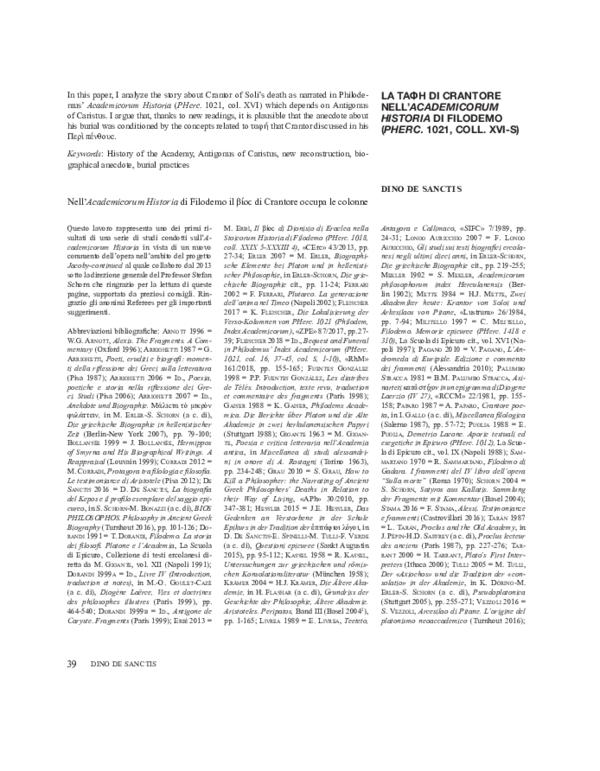 (PDF) LA ΤΑΦΗ DI CRANTORE NELL'ACADEMICORUM HISTORIA DI FILODEMO (PHERC ...