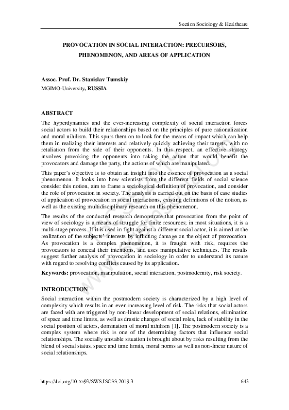 (PDF) PROVOCATION IN SOCIAL INTERACTION: PRECURSORS, PHENOMENON, AND ...