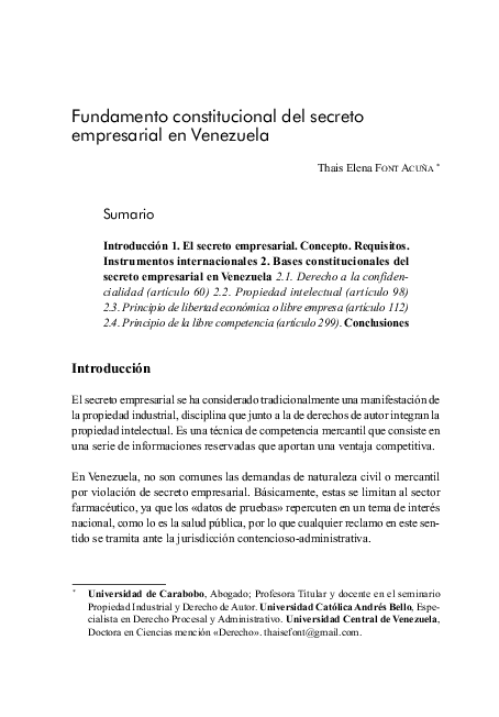 (PDF) Fundamento constitucional del secreto empresarial en Venezuela