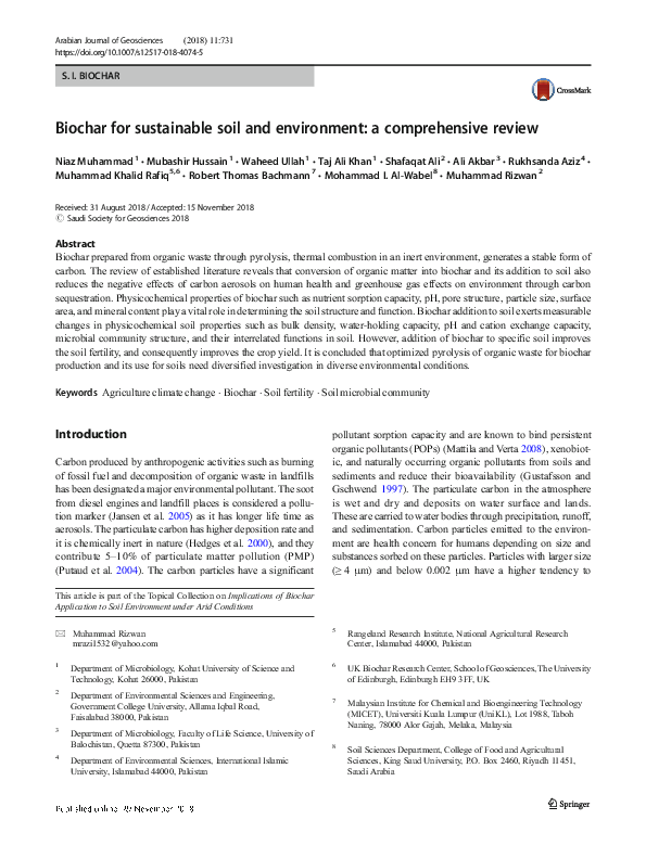 (PDF) Biochar for sustainable soil and environment: a comprehensive review