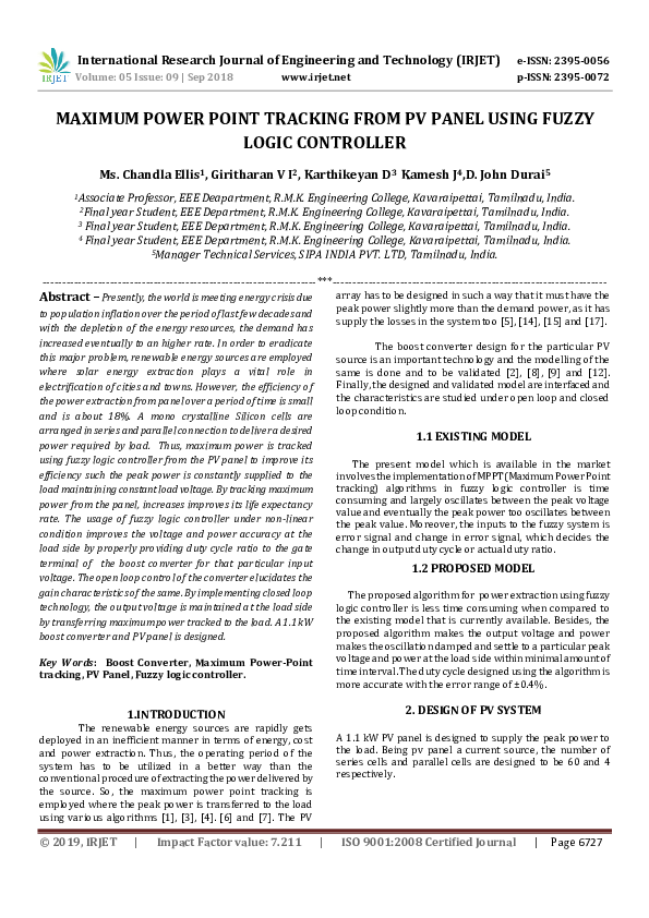 (PDF) IRJET-Maximum Power Point Tracking from Pv Panel using Fuzzy Logic Controller