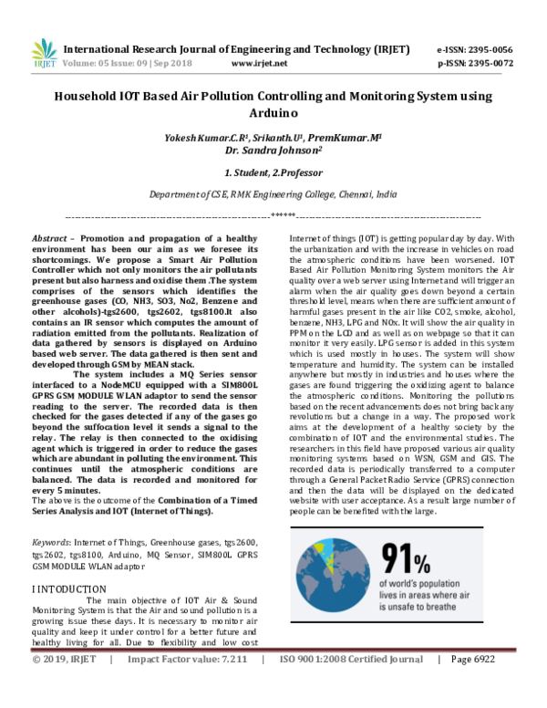 Pdf Irjet Household Iot Based Air Pollution Controlling And Monitoring System Using Arduino