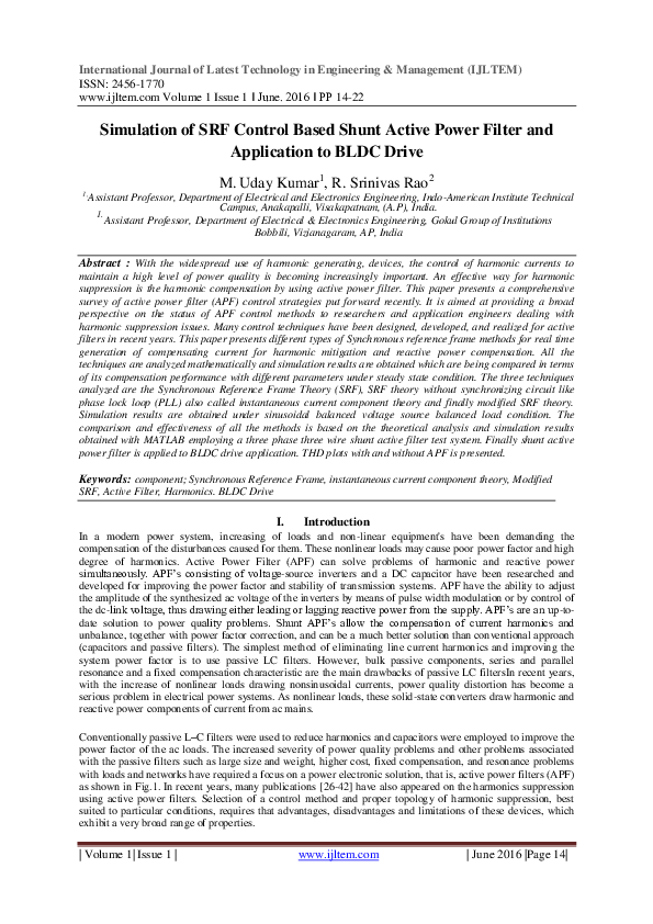 Pdf Simulation Of Srf Control Based Shunt Active Power Filter And Application To Bldc Drive