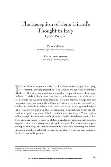 (PDF) The Reception of René Girard's Thought in Italy: 1965-Present