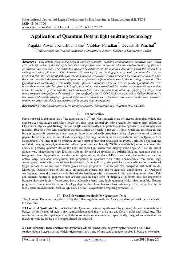 (PDF) Application of Quantum Dots in light emitting technology