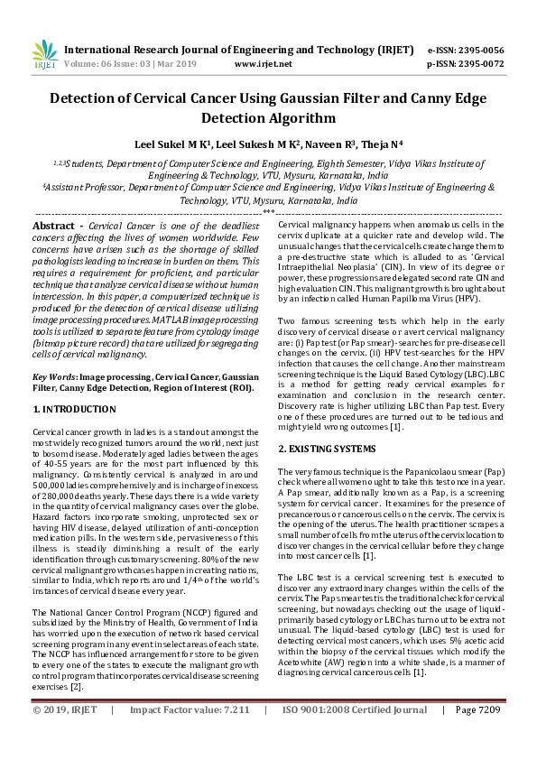 (PDF) IRJET- Detection of Cervical Cancer Using Gaussian Filter and Canny Edge Detection Algorithm